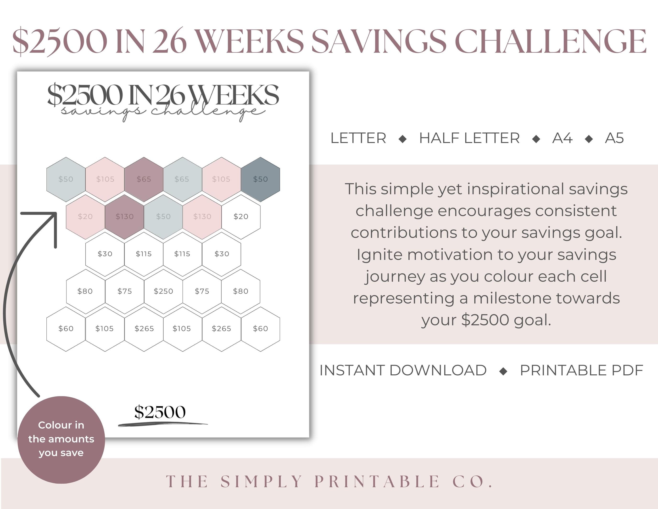 2500 Savings Challenge, 26 Week Money Challenge, Save 2500 in 26 Weeks ...