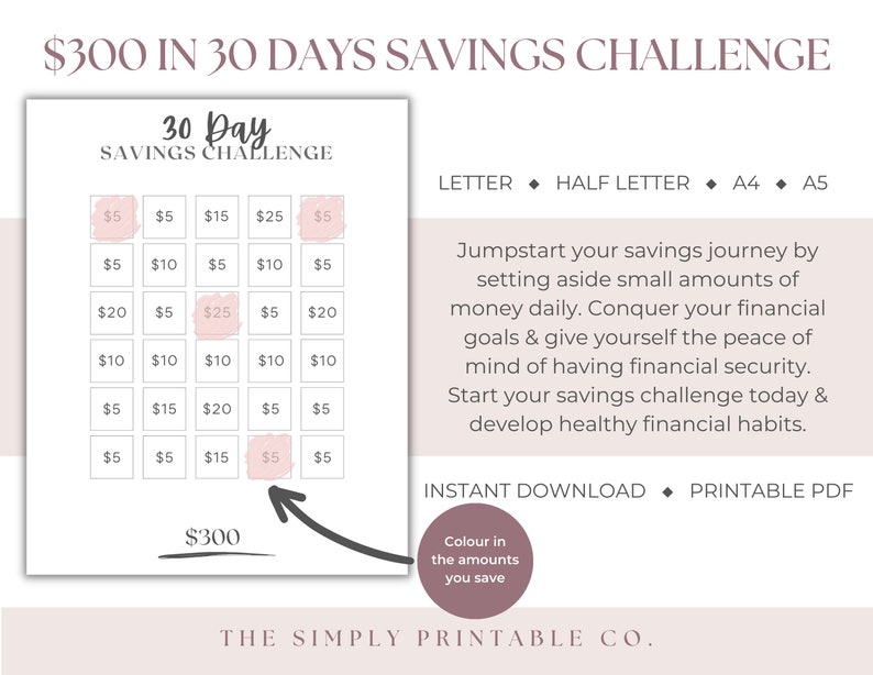 Save 300 in 30 Days, 300 Saving Challenge, Savings Challenge Printable ...