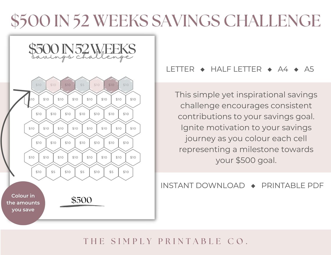 Save 500 in 52 Weeks Savings Challenge, 52 Week Savings Challenge, 52 ...