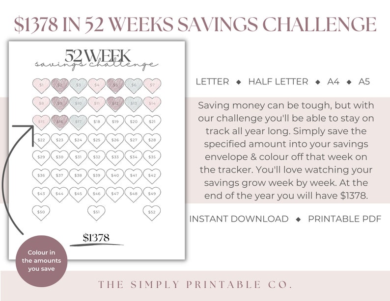 52 Weeks Money Saving Challenge, 52 Week Savings Challenge, 52 Week ...