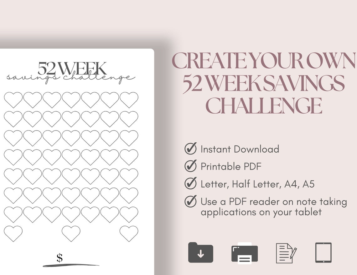 52 Weeks Savings Challenge, 52 Week Challenge Printable, 52 Week Saving ...