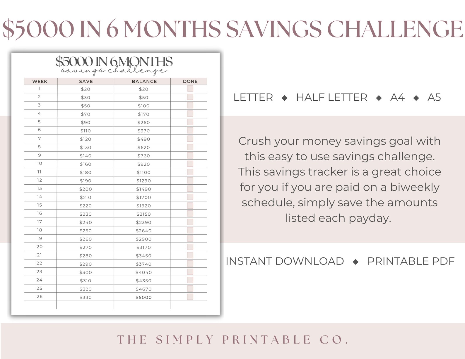 5K in 6 Months Savings Challenge, 5000 in 6 Months, 5,000 Savings ...