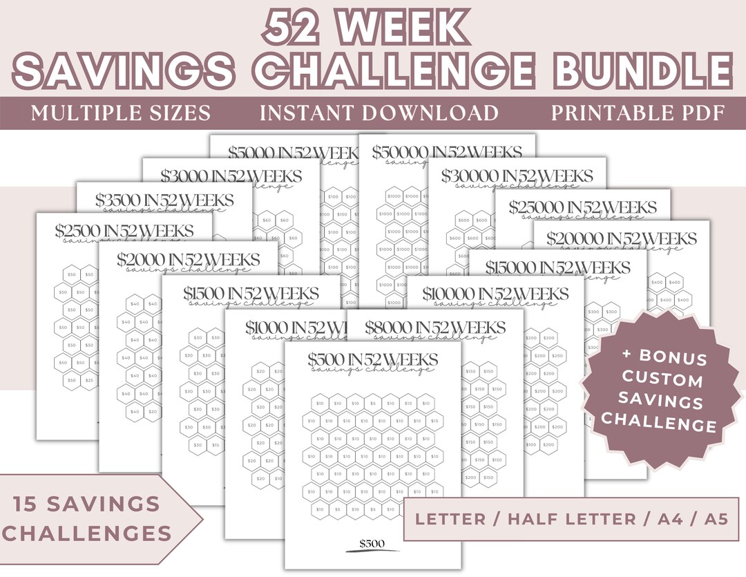 52 Weeks Money Saving Challenge, 52 Week Challenge Printable Set, 52 ...