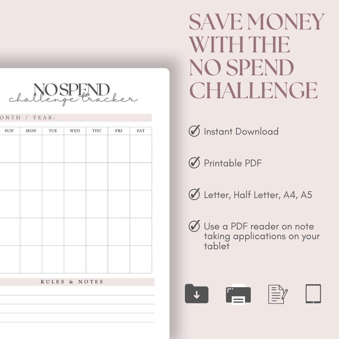 No Spend Challenge Tracker, 30 Day No Spend Challenge, No Spend ...
