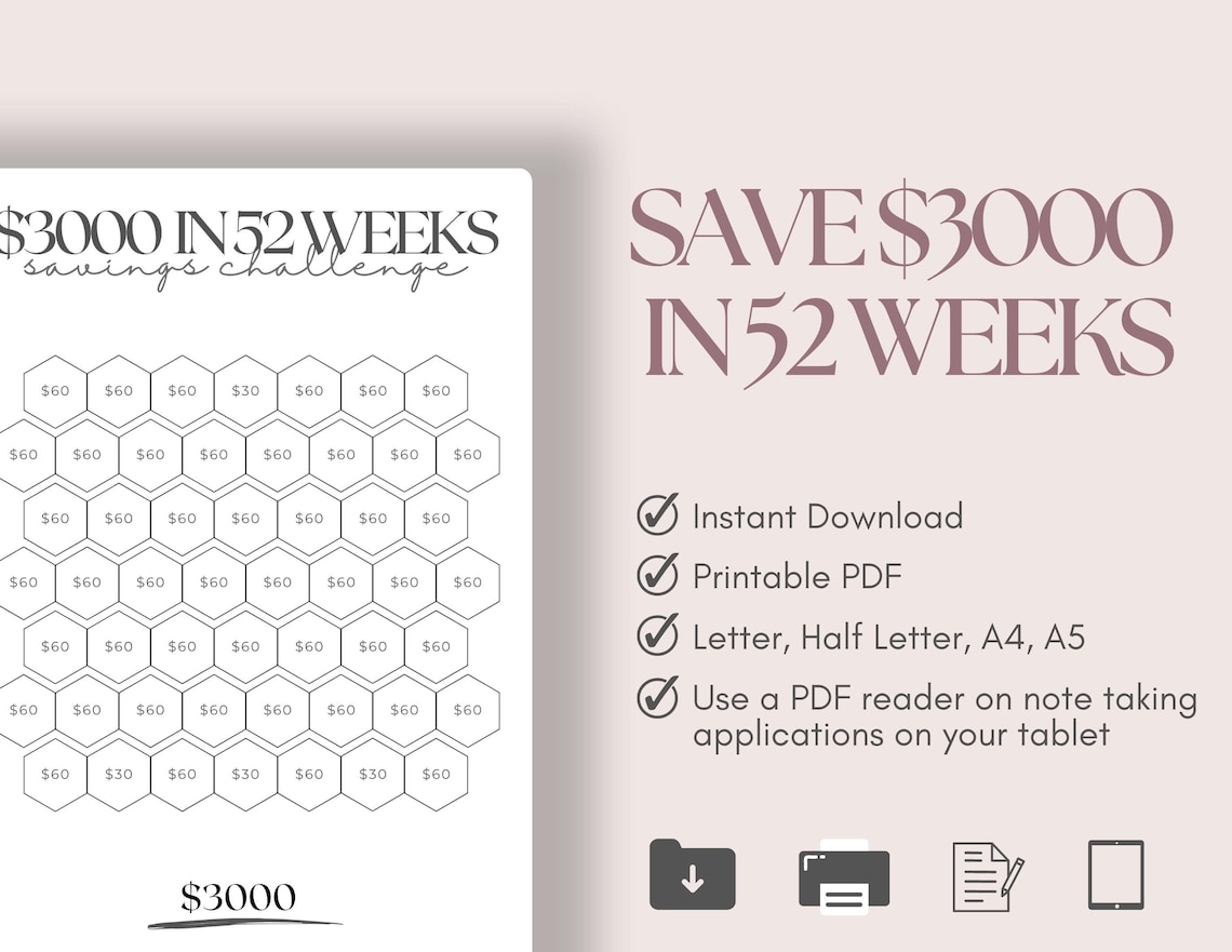 Save 3000 in 52 Weeks Savings Challenge 3000 Savings - Etsy