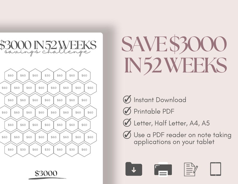 Save 3000 in 52 Weeks Savings Challenge 3000 Savings - Etsy