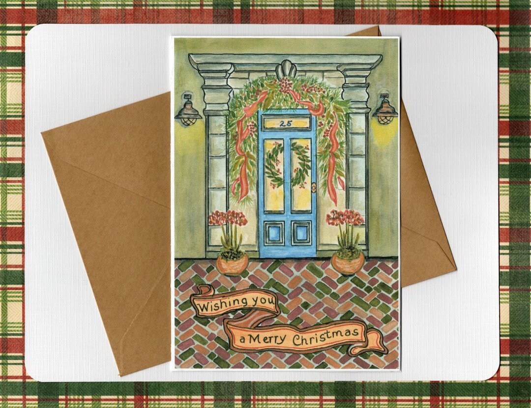 Watercolor Christmas Card Front Door Wreath Retro-style Traditional ...