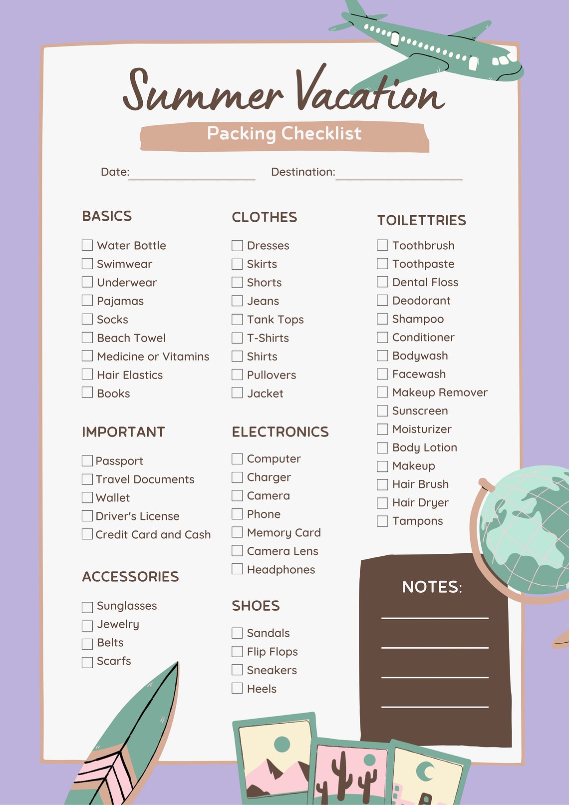 Creative Aesthetic Summer Vacation Packing Reminder Checklist - Etsy