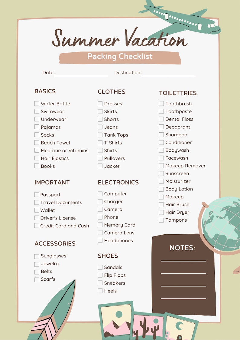 Creative Aesthetic Summer Vacation Packing Reminder Checklist - Etsy