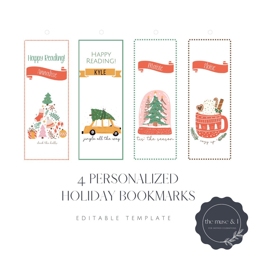 4 Personalized, Editable, Printable 2” X 6” Bookmarks, Christmas ...