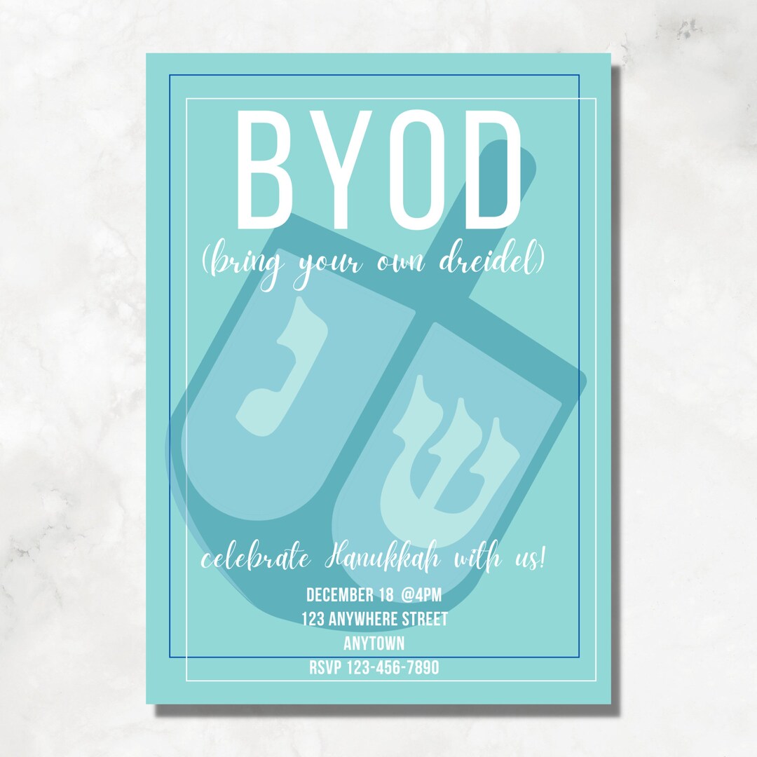 BYOD Hanukkah Party Invitation, Editable Dreidel Invite (digital ...