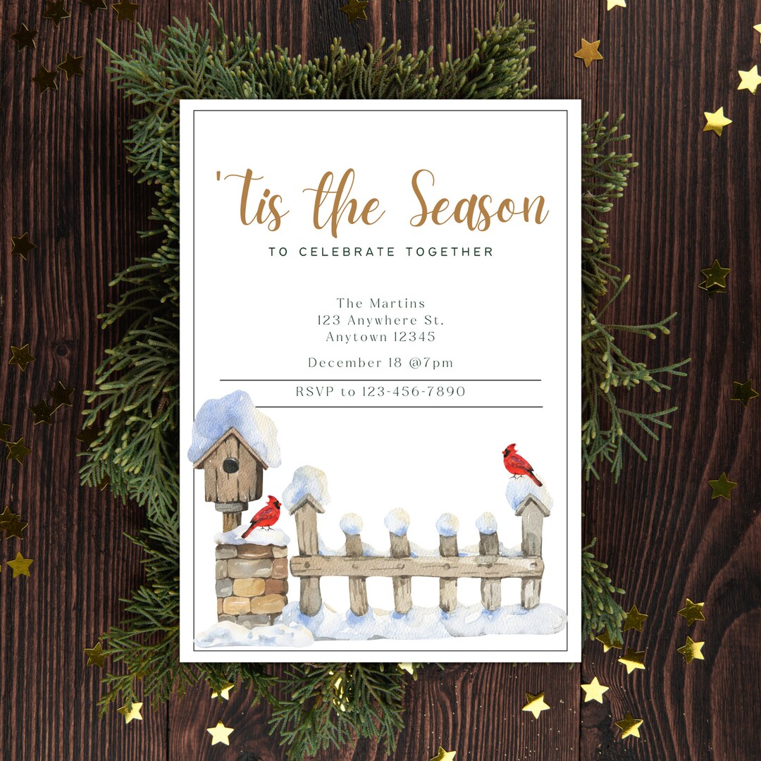 Winter Cardinal Holiday Party Invitation, Editable Template (digital ...