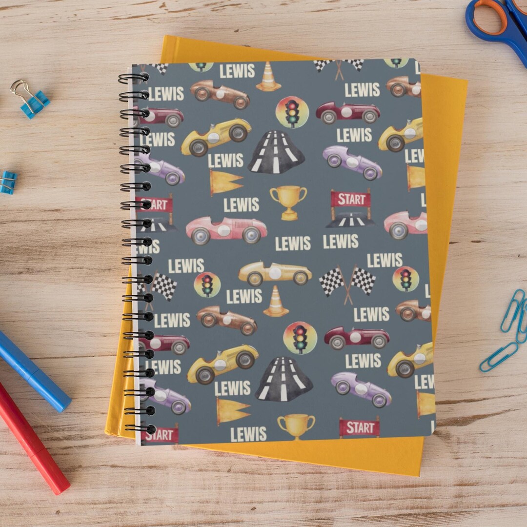 Personalized Custom Name Notebook, Racing Cars, Back to School, Kids ...