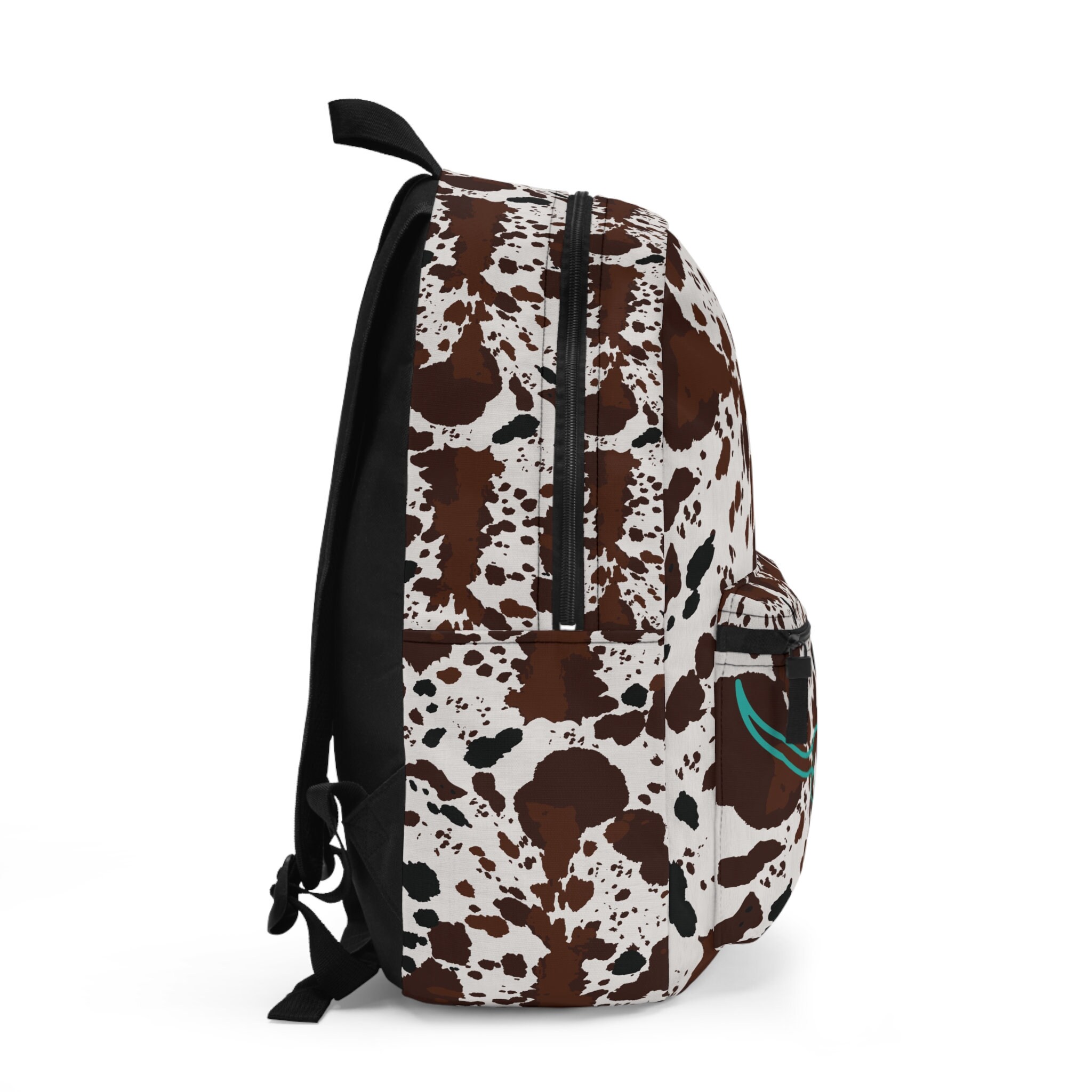 Cow Print Backpack, Black and Brown Cow Pattern With Teal Longhorn ...