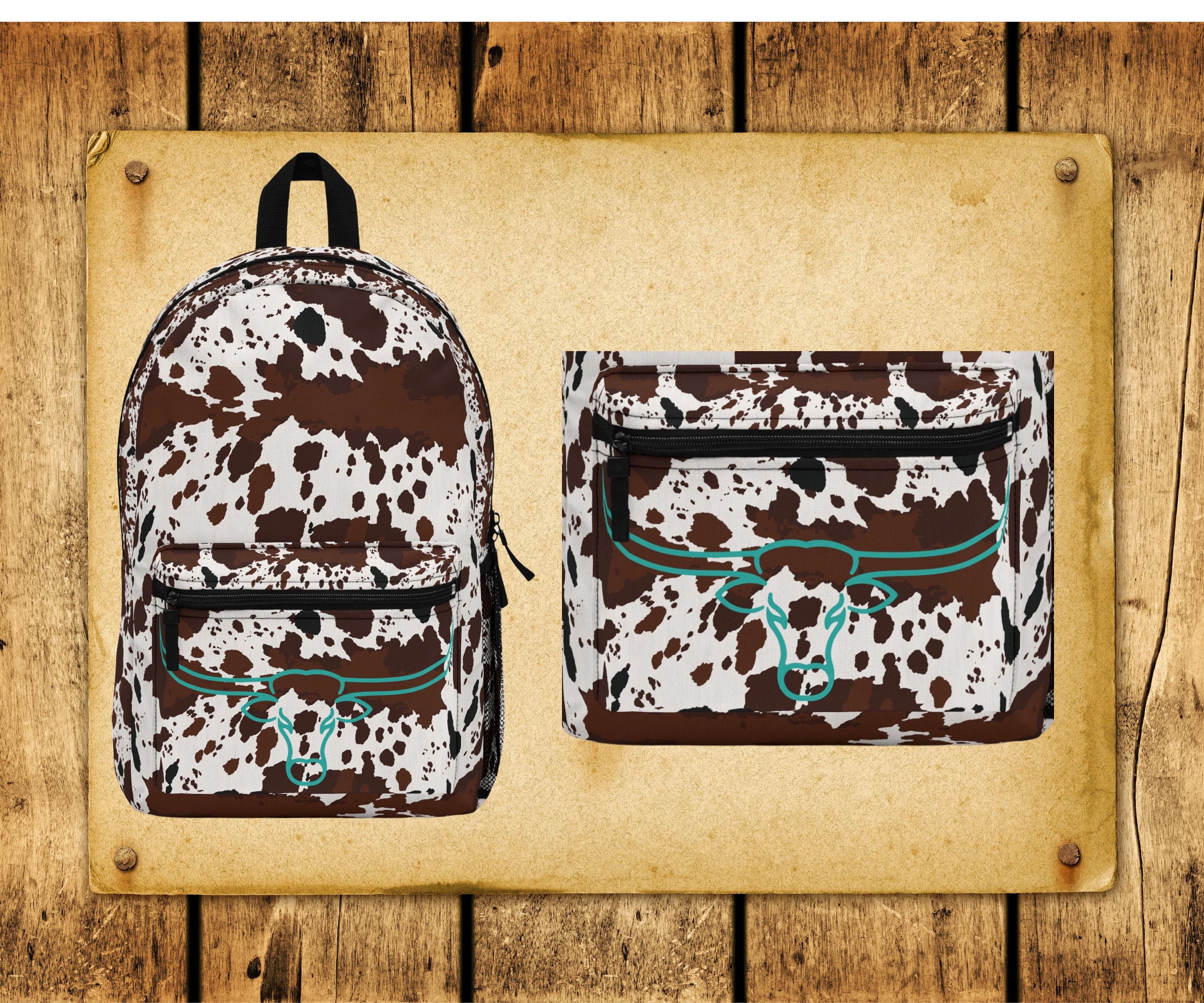 Cow Print Backpack, Black and Brown Cow Pattern With Teal Longhorn ...