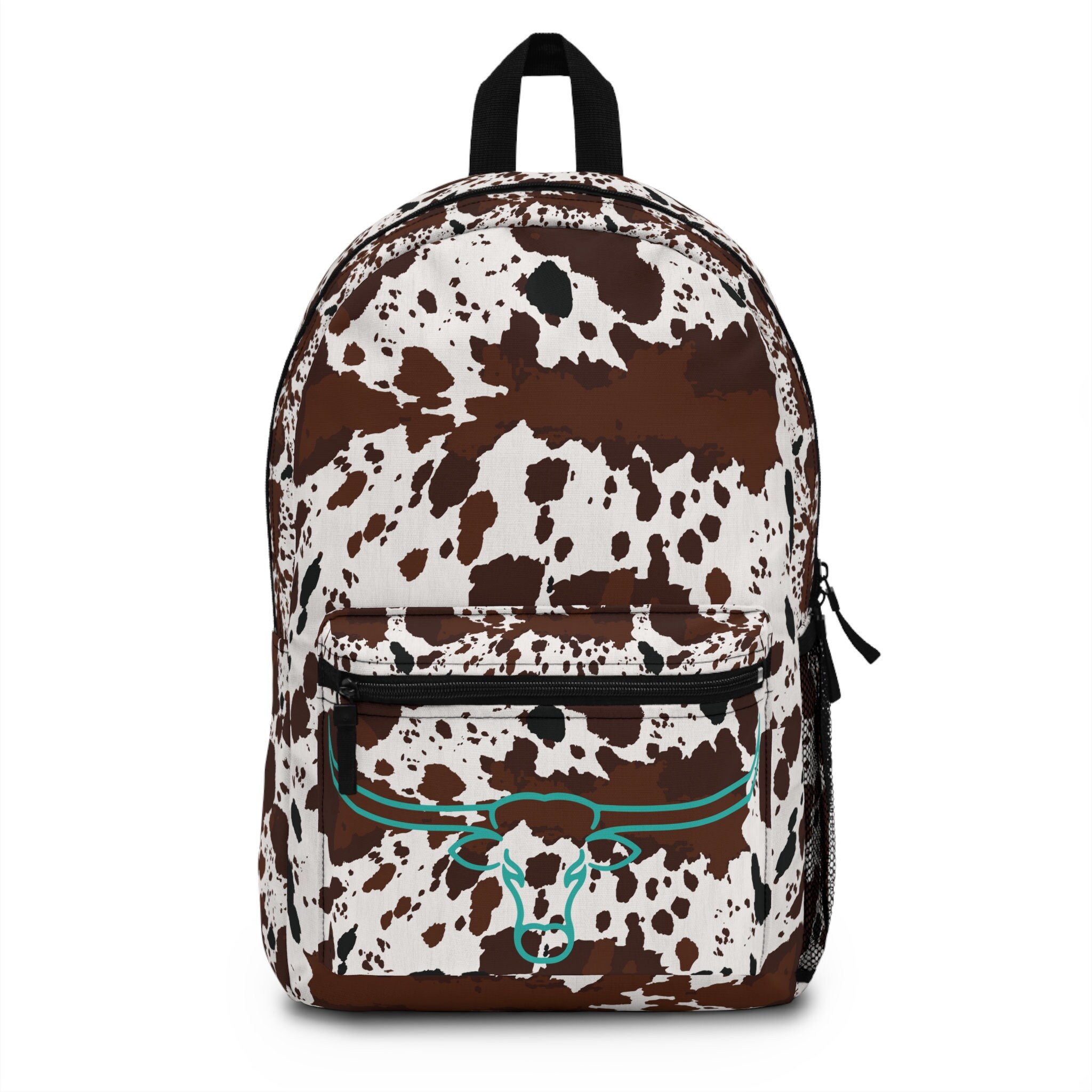 Cow Print Backpack, Black and Brown Cow Pattern With Teal Longhorn ...