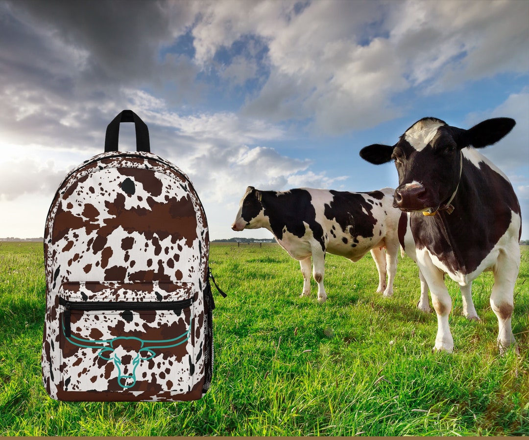 Cow Print Backpack, Black and Brown Cow Pattern With Teal Longhorn ...