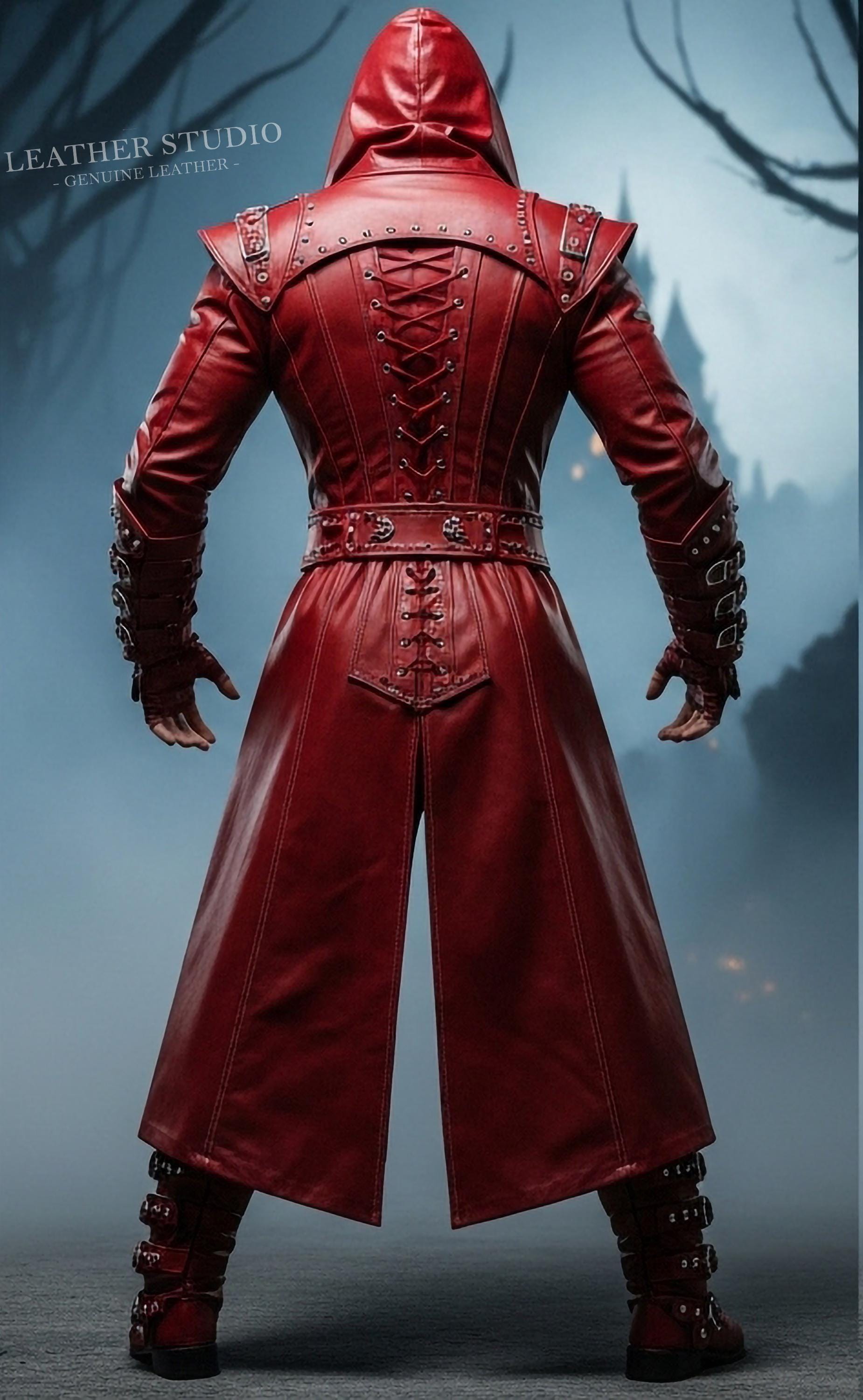 Men's Genuine Red Leather Gothic Hooded Trench Coat, Steampunk Vampire ...