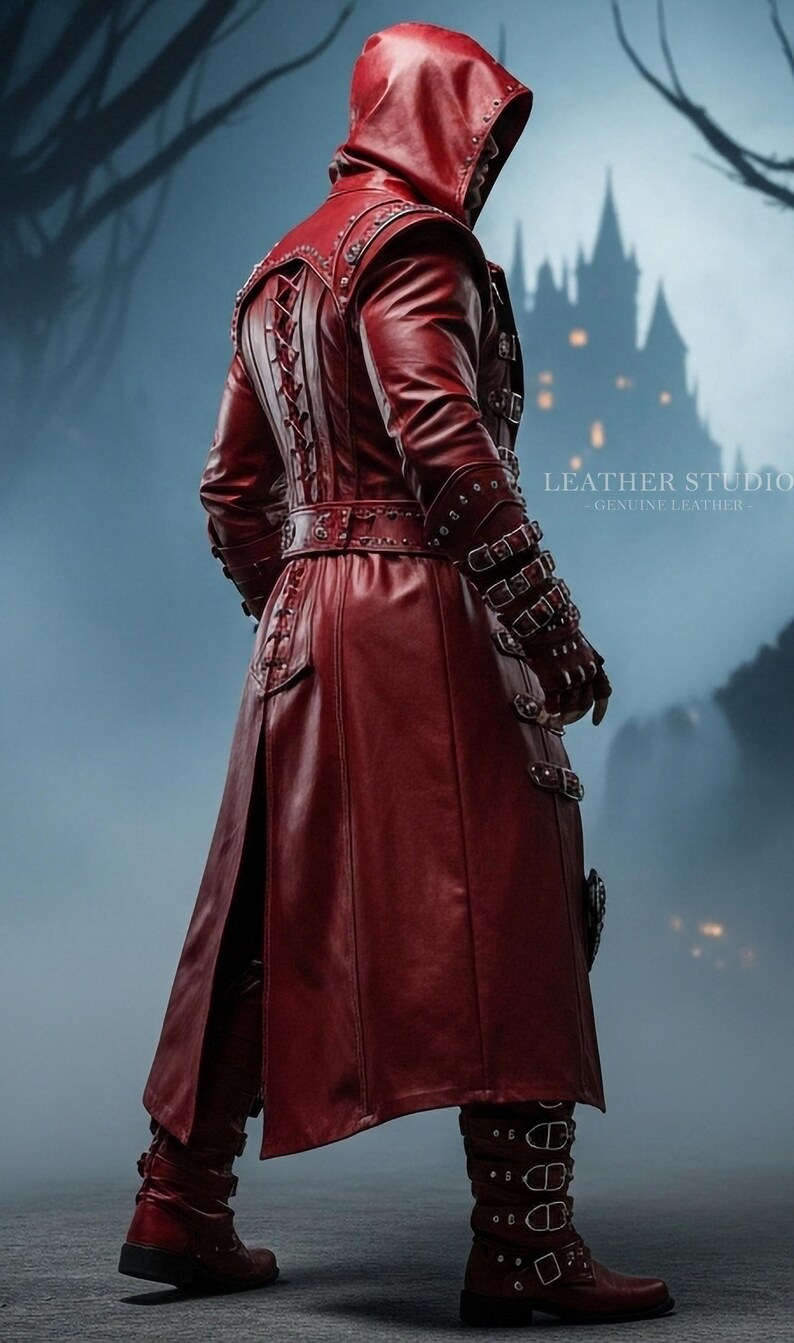 Men's Genuine Red Leather Gothic Hooded Trench Coat, Steampunk Vampire ...