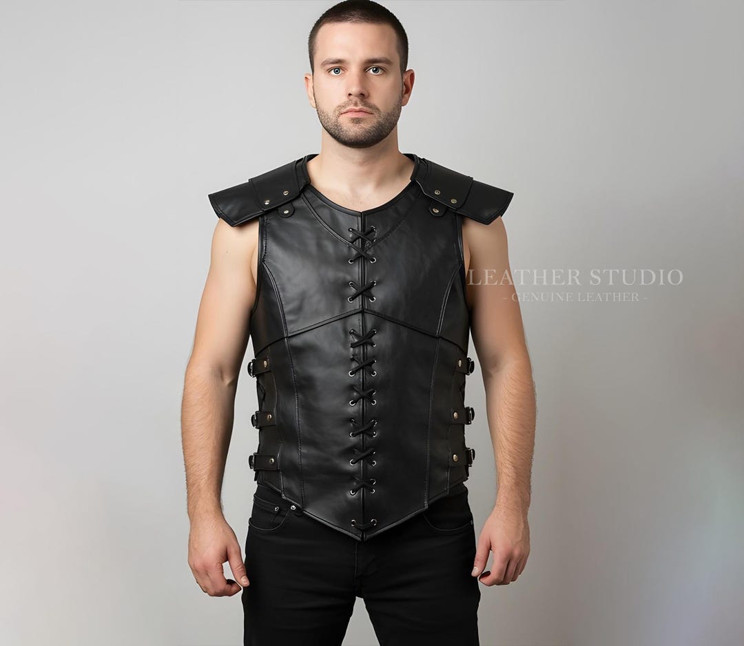 Handmade Black Leather Cosplay Vest for Men | Real Leather Fantasy Vest ...