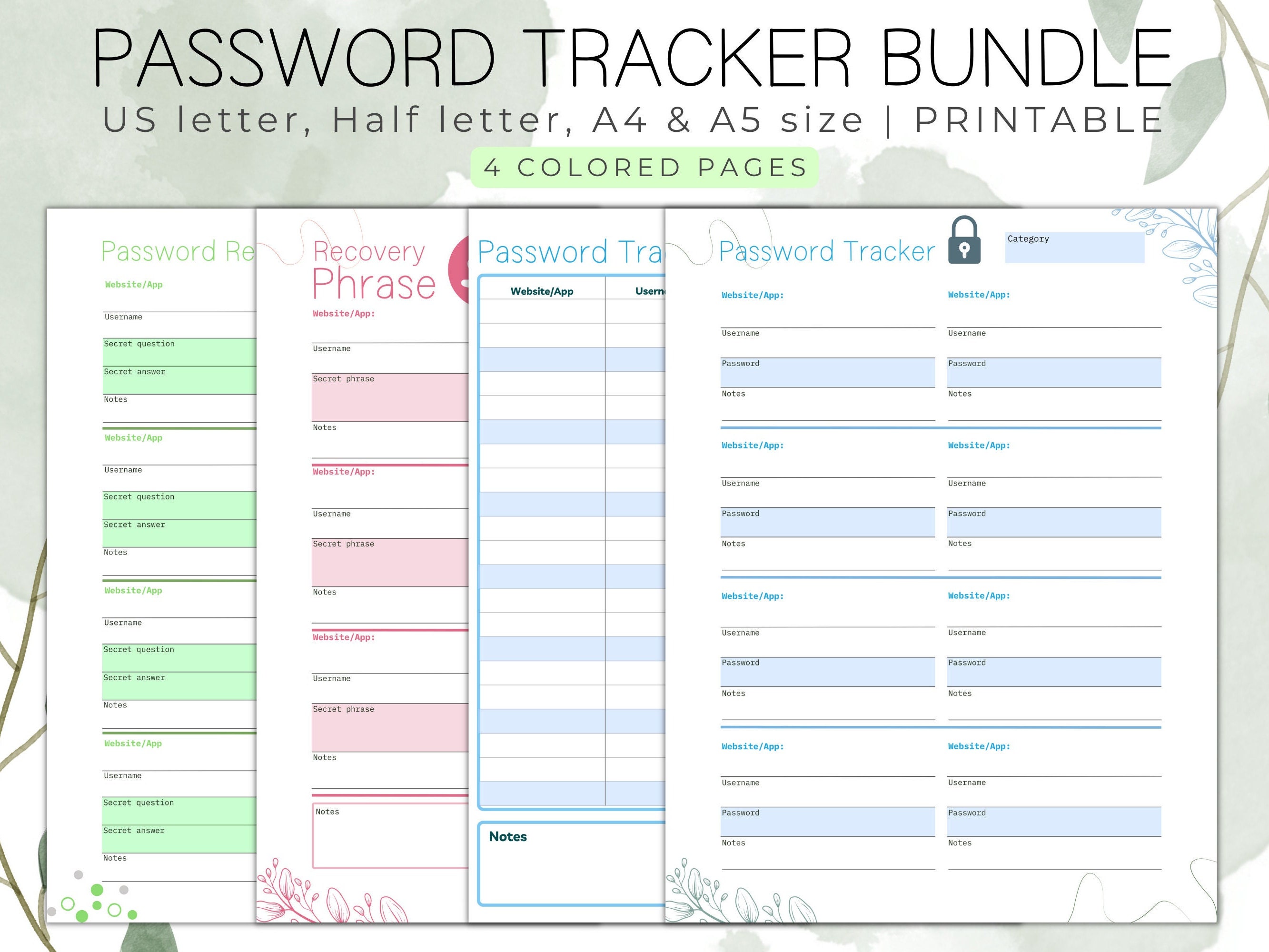 Printable Password Tracker, Phrase Book and Organizer, Recovery Phrase ...