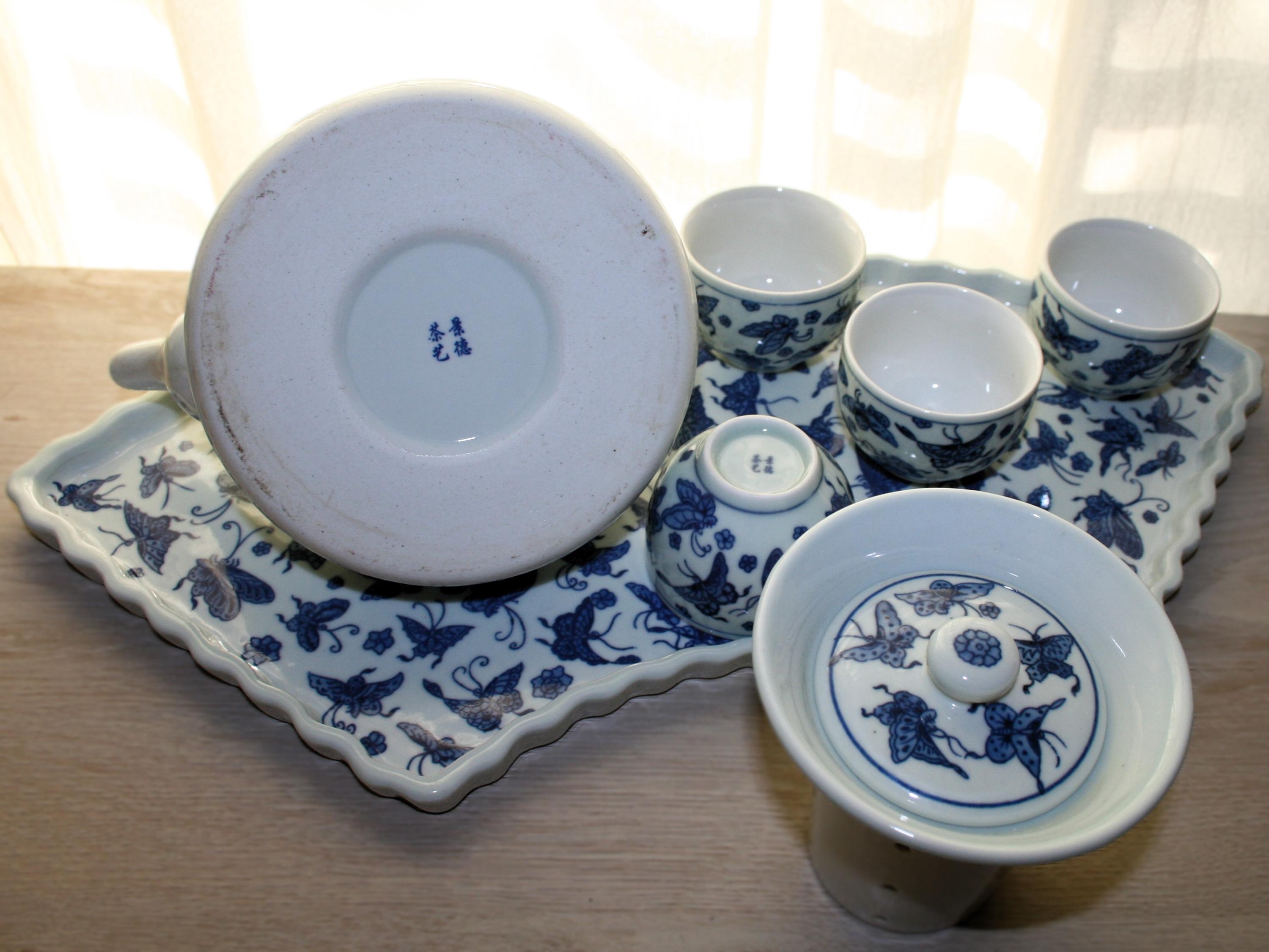 Vintage Chinese Tea Set Brass Handle Diffuser Teapot White With Blue ...