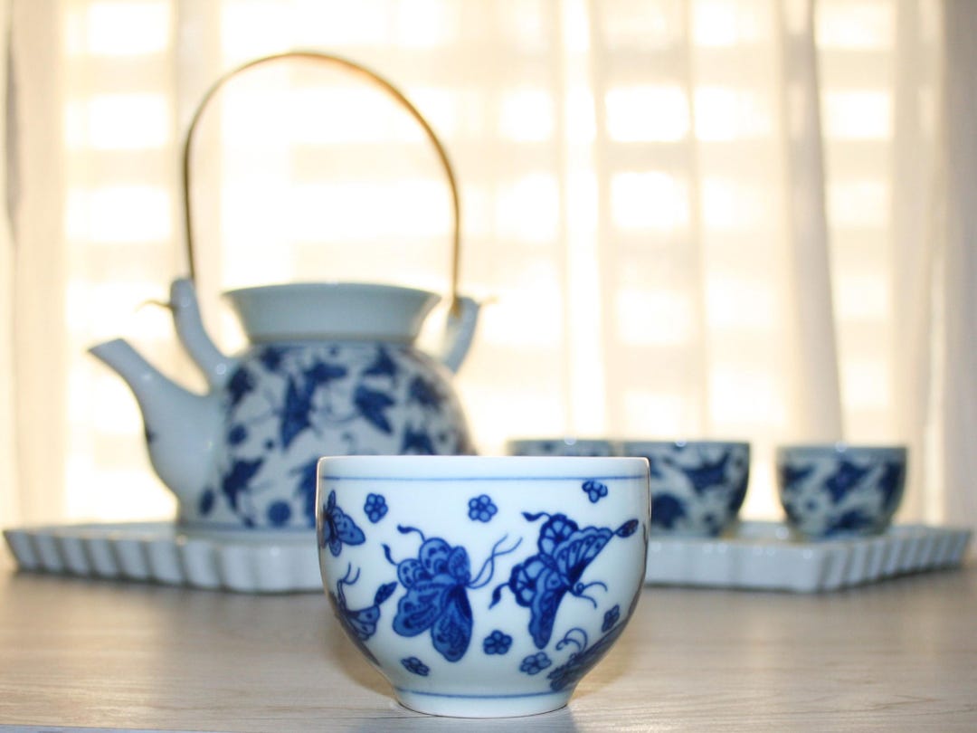 Vintage Chinese Tea Set - Brass Handle Diffuser Teapot - White With ...