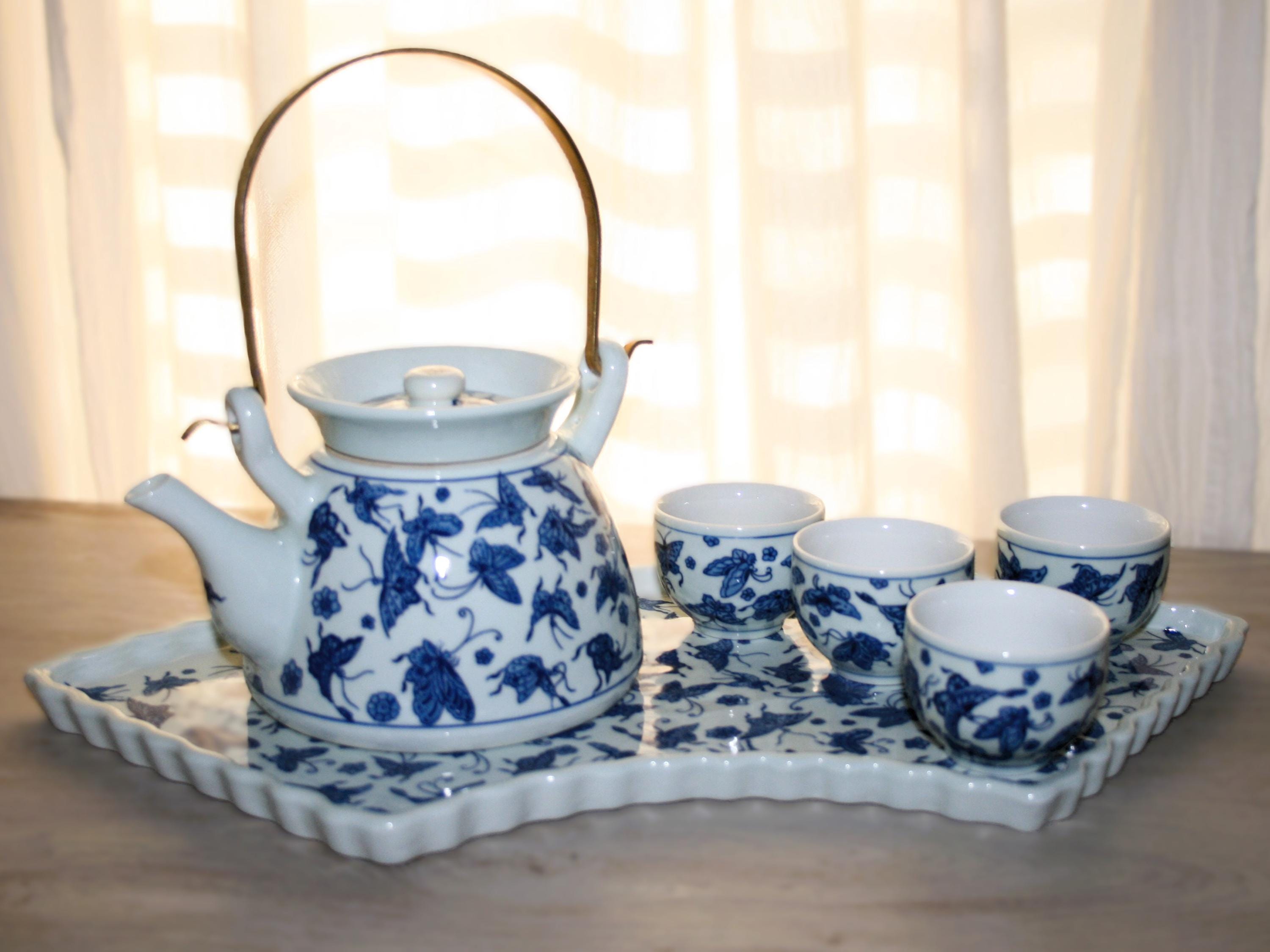 Vintage Chinese Tea Set Brass Handle Diffuser Teapot White With Blue ...