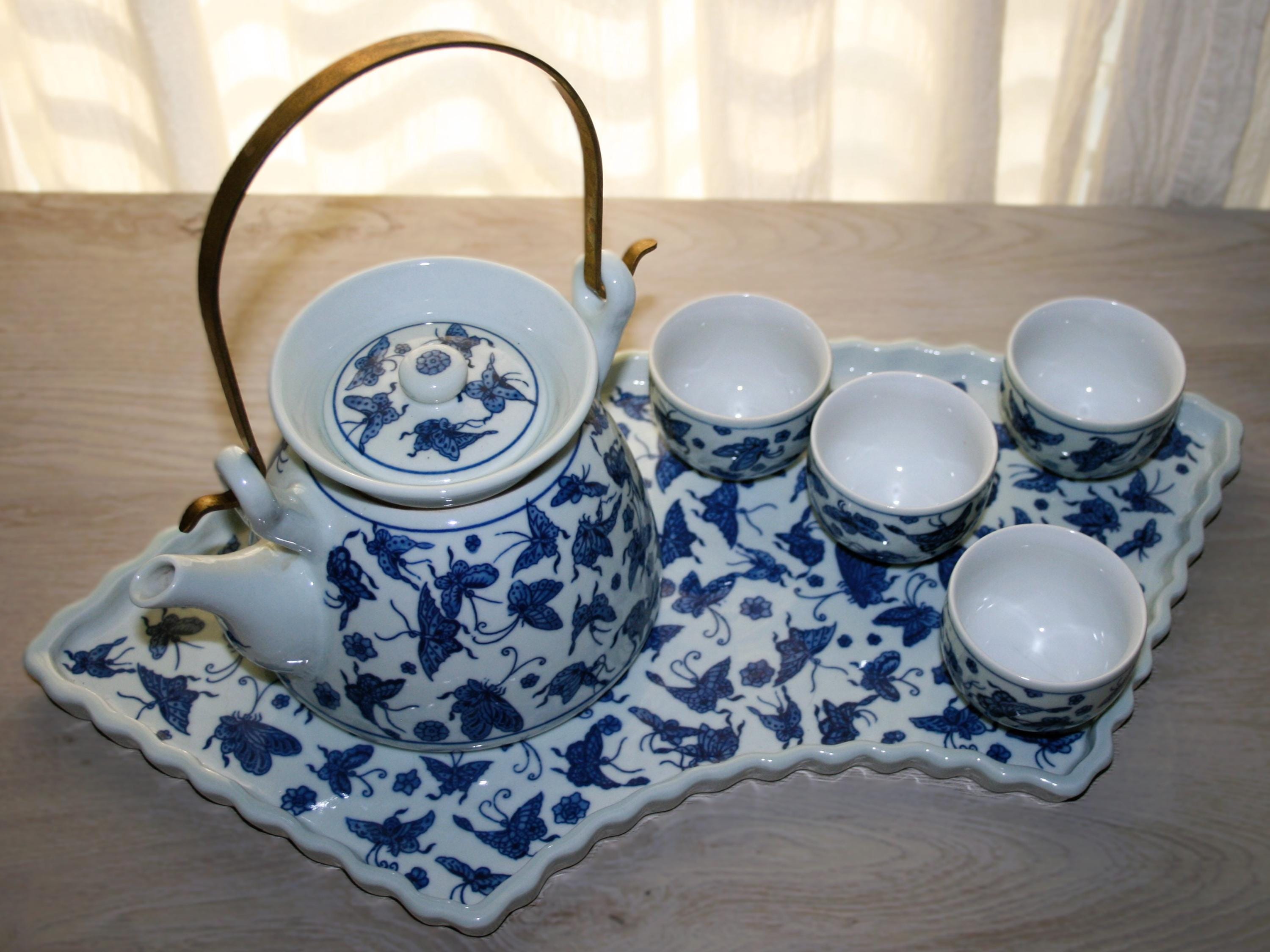 Vintage Chinese Tea Set Brass Handle Diffuser Teapot White With Blue ...