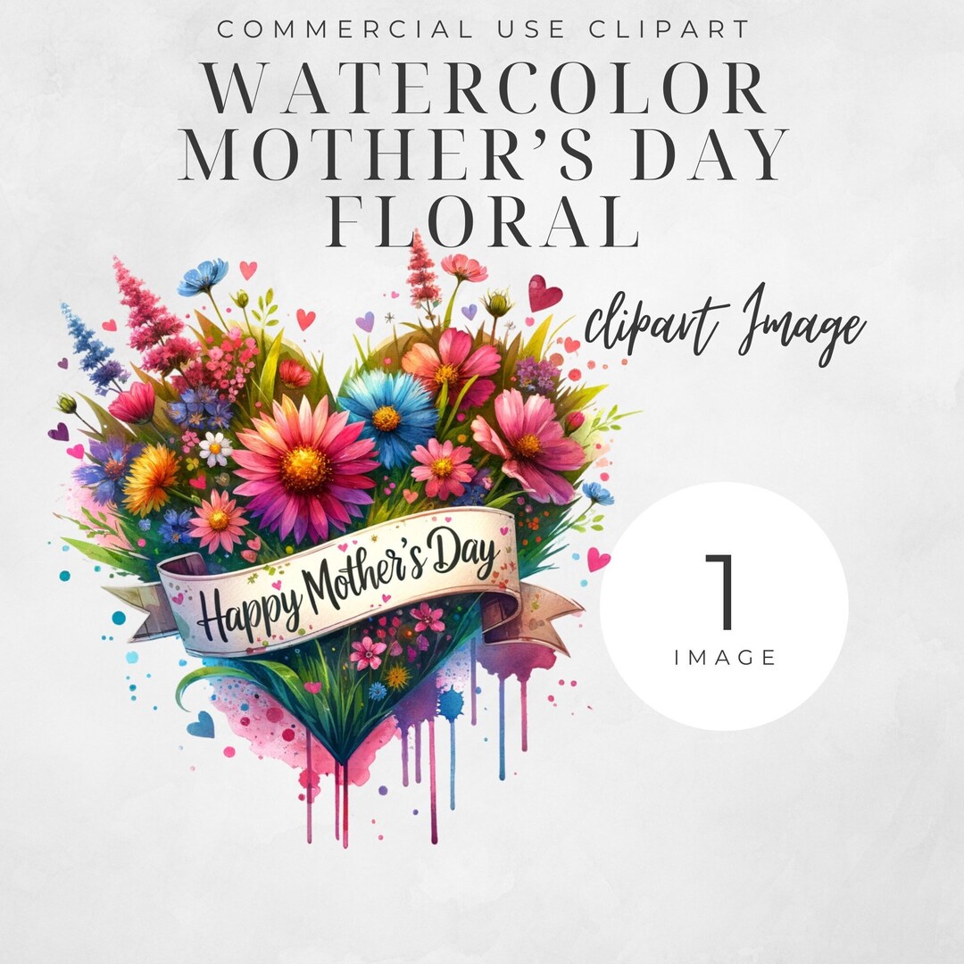 Watercolor Mother's Day Floral Heart Clipart, SINGLE IMAGE, Digital ...