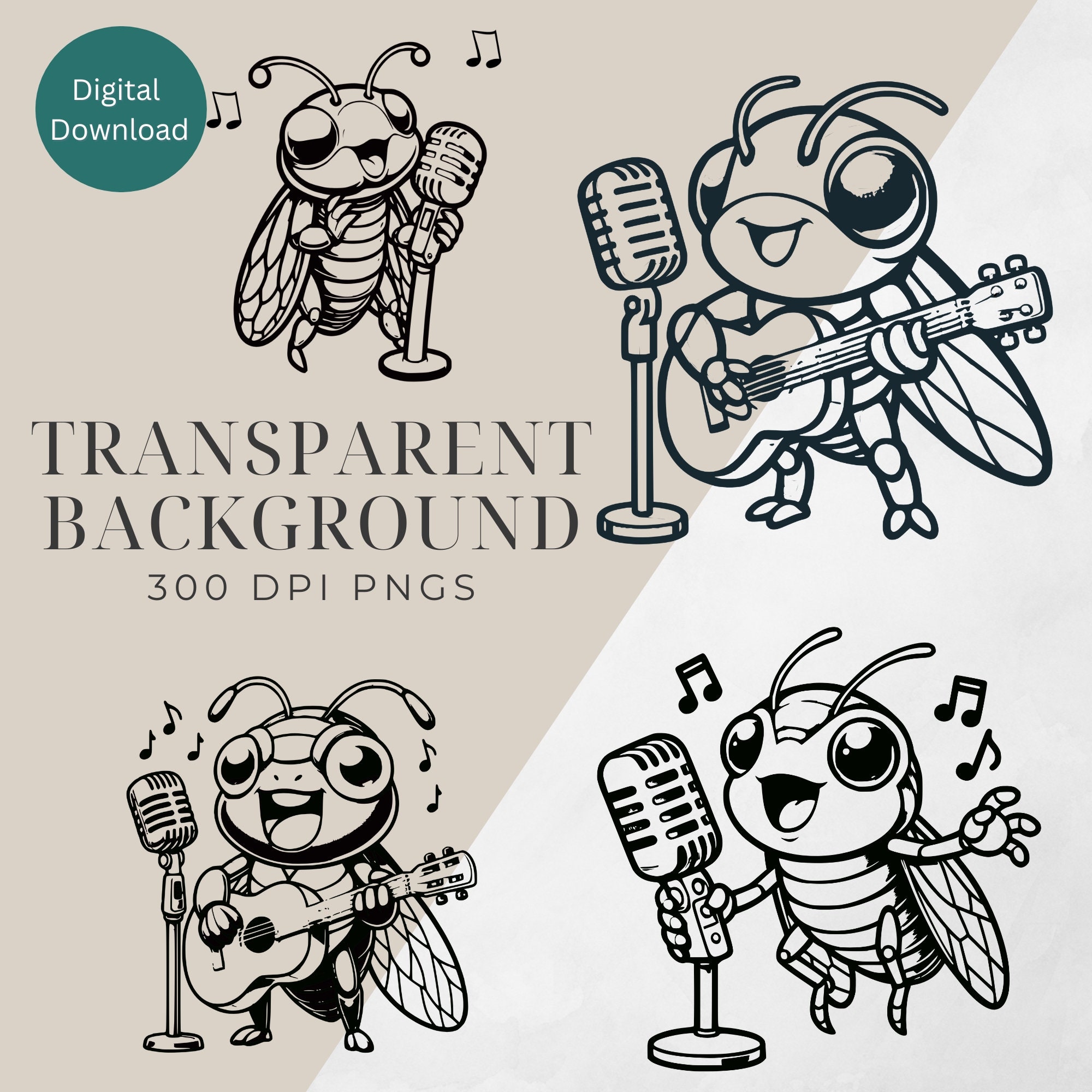 Black & White Singing Cicadas Clipart, Cute Cicadas Singing With ...
