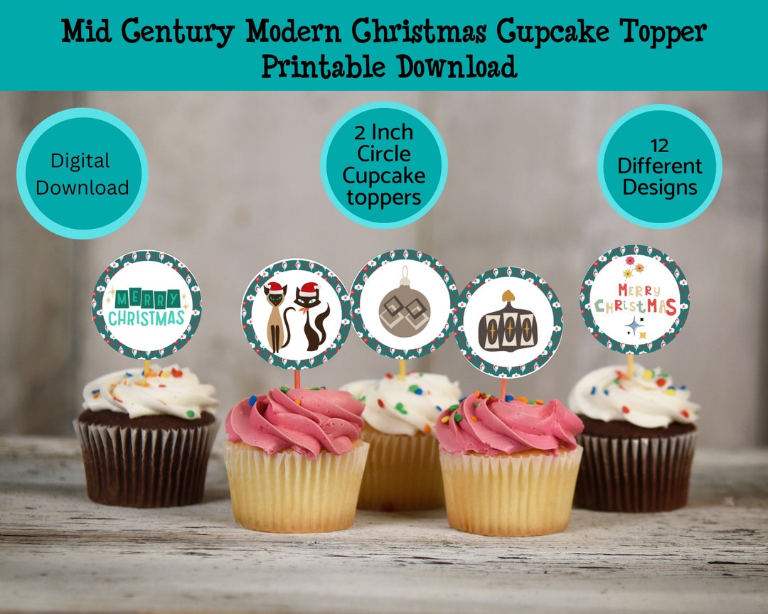 Mid Century Modern Christmas Cupcake Topper Printable Download, 12 ...