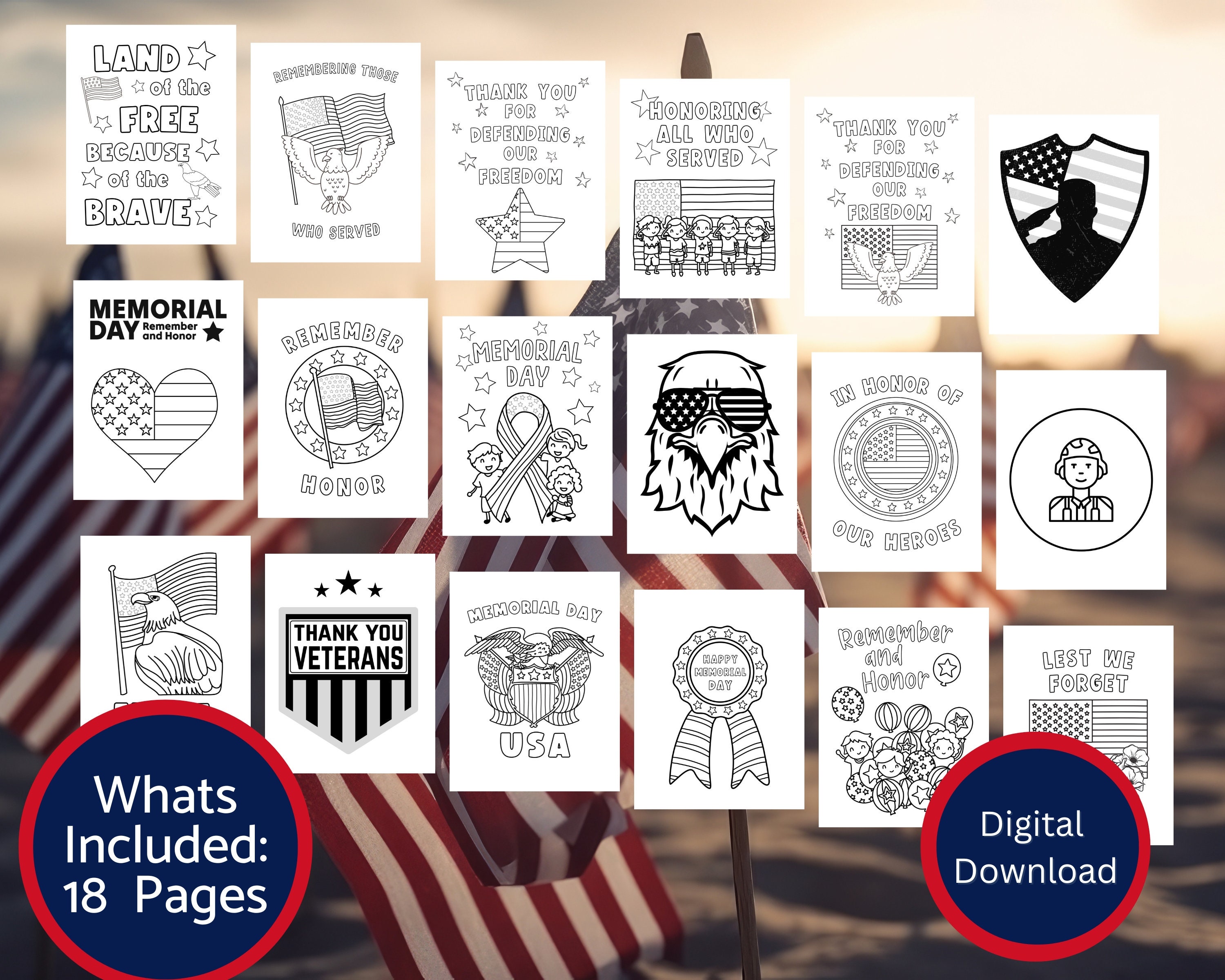 Memorial Day Coloring Pages Printable Download set of 18 Patriotic Kids ...