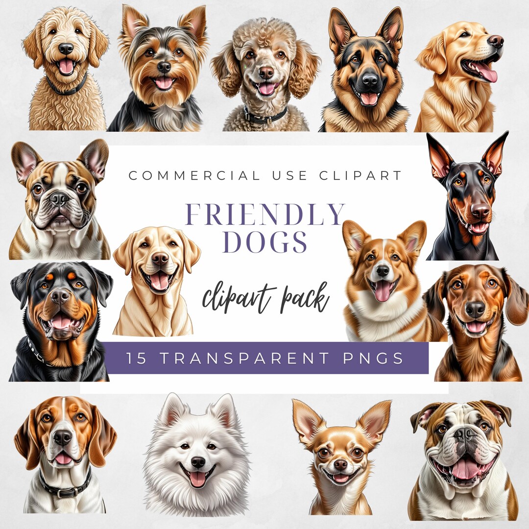 Friendly Dogs Clipart, Happy Dogs Clipart, Dog Portraits, Smiling Dogs ...