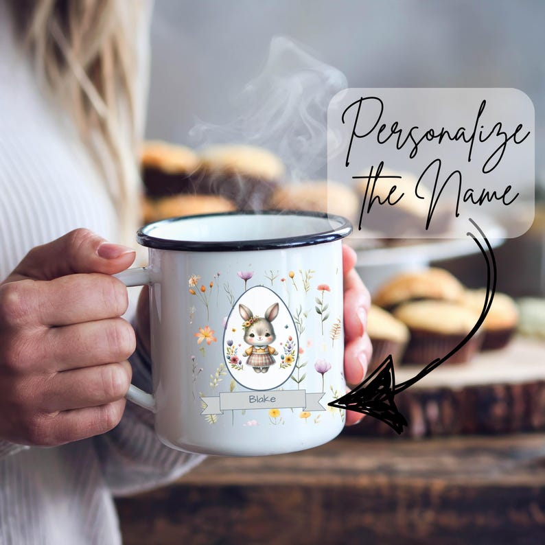 Personalized Easter Enamel Mug, Custom Bunny Name Mug, Cute Happy ...