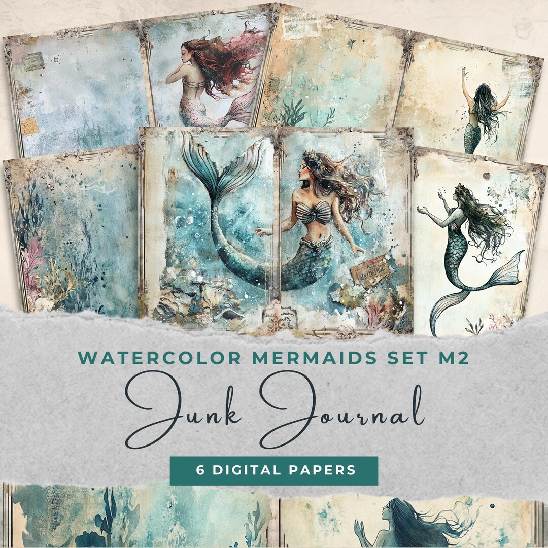 Watercolor Mermaids Junk Journal Pages, Vintage Printable Scrapbook ...