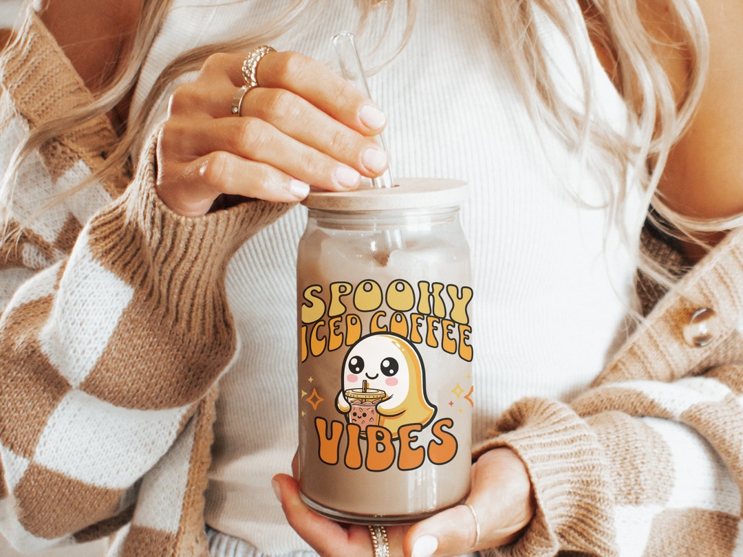 Spooky Iced Coffee Vibes 16oz Glass Tumbler, 60s Retro Font, Ghost ...
