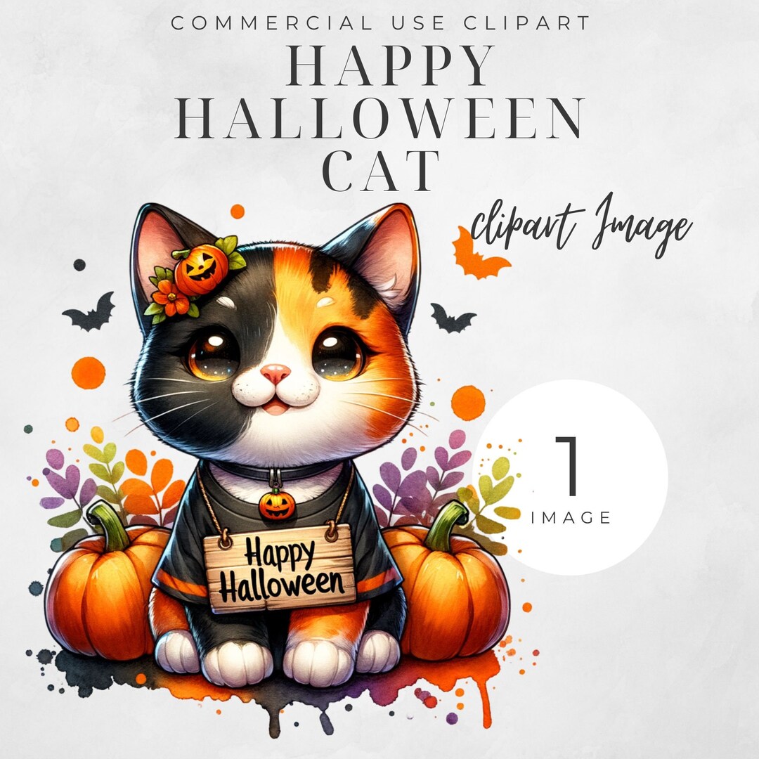 Happy Halloween Cat Clipart, SINGLE IMAGE, Digital Download, Commercial ...
