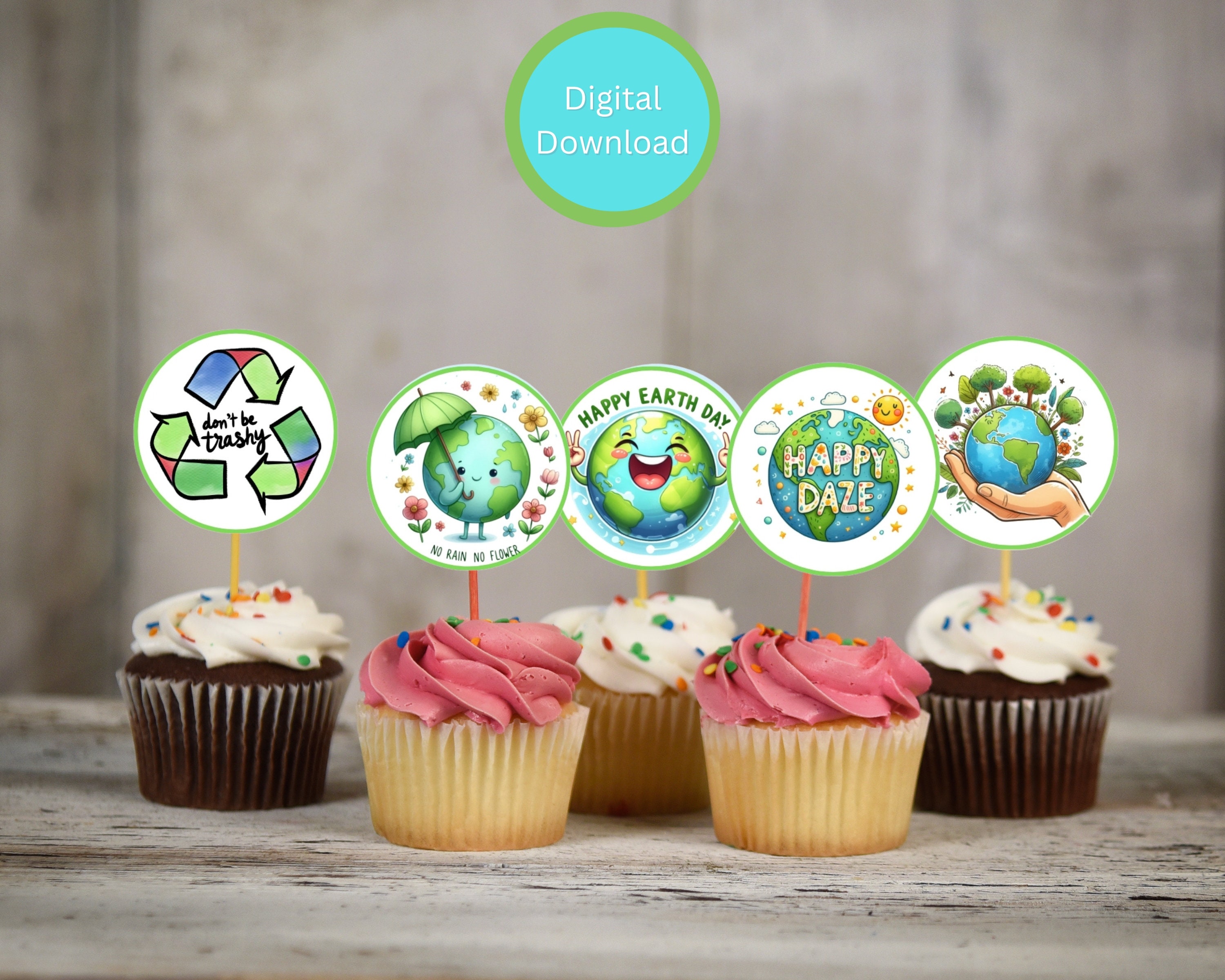 Earth Day Cupcake Topper Printable Download, 12 Designs, 2 Inch Each ...