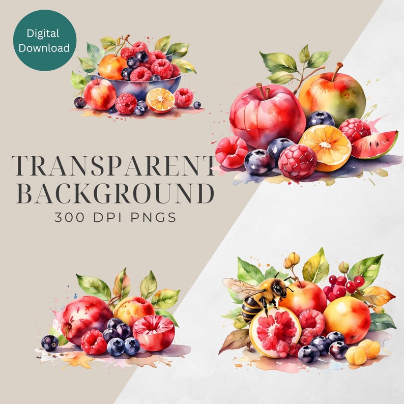Summer Fruits Watercolor Clipart, Summer Fruits Some With Bees, Citrus ...