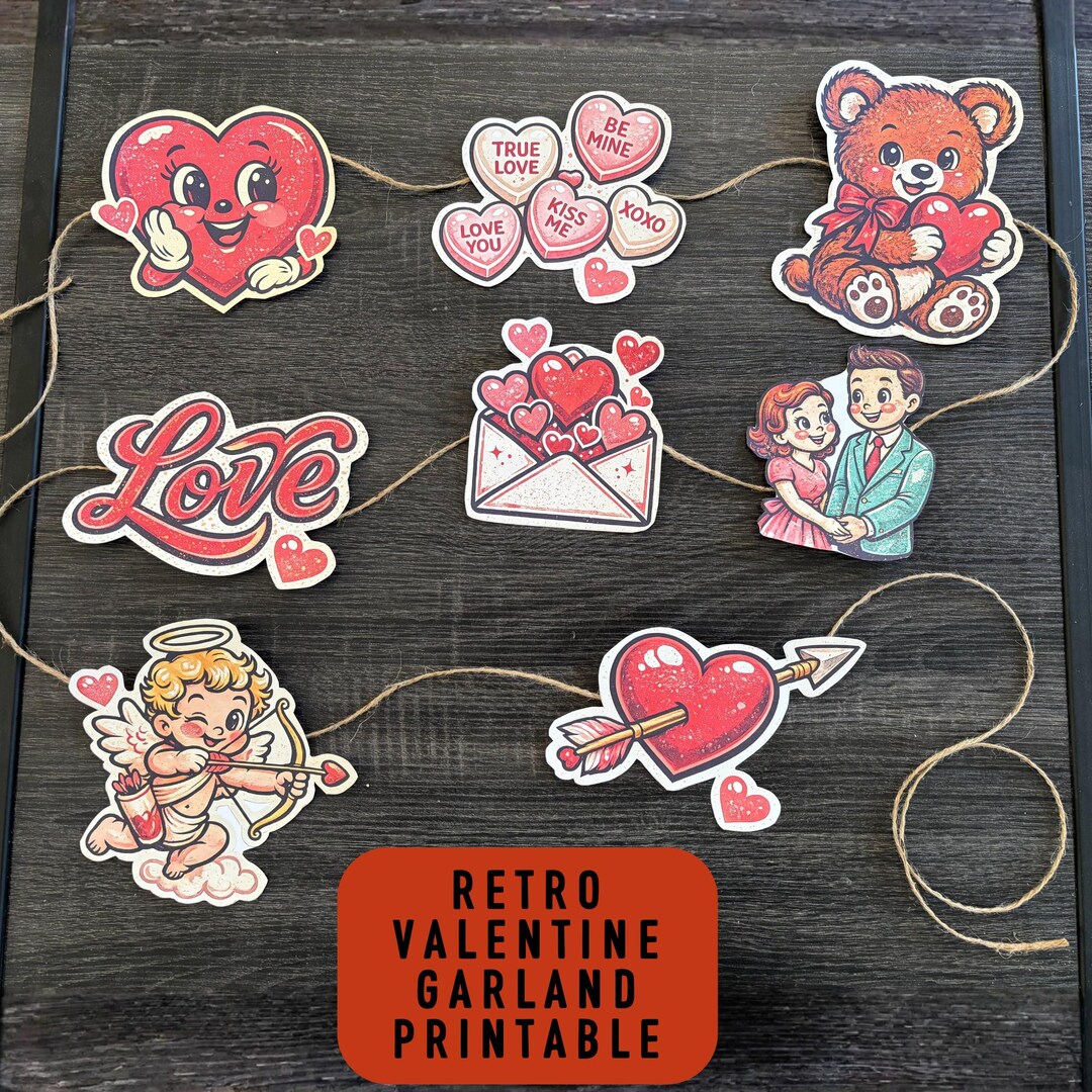 Retro Valentine Garland Printable, Vintage Holiday Decor, Valentine ...