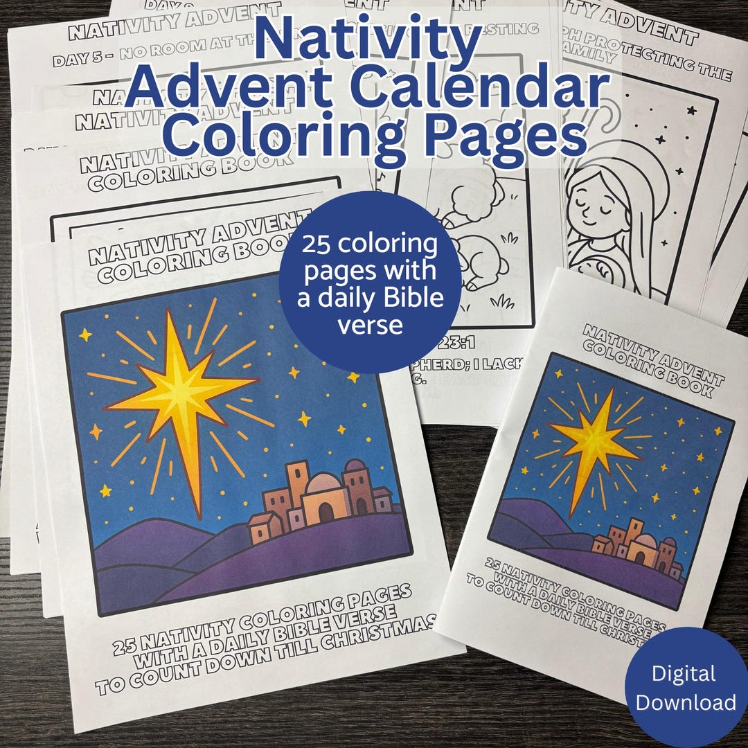 Nativity Advent Calendar Coloring Pages, 25 Bible Verse Christmas ...