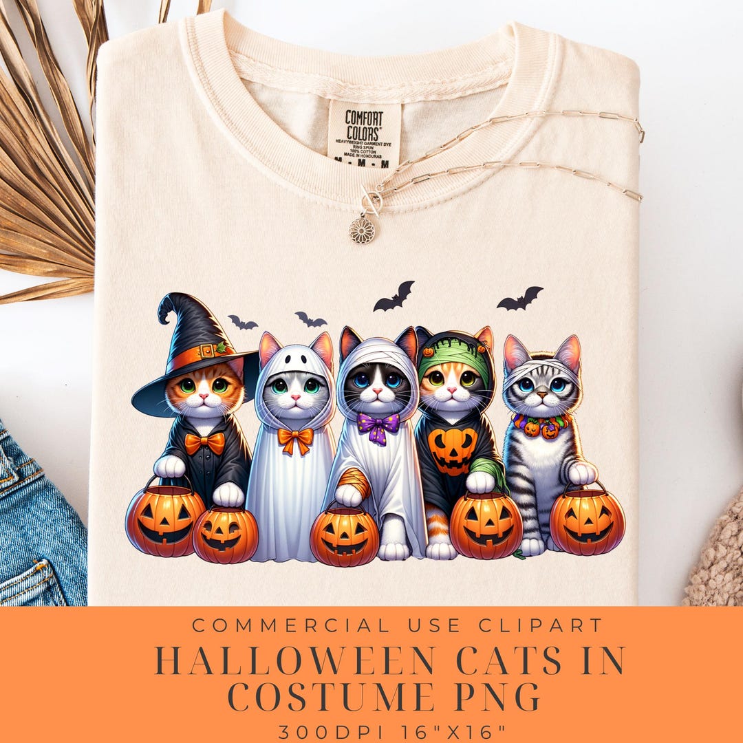 Halloween Cats in Costume PNG, Cute Cat Clipart, 300 DPI Sublimation ...