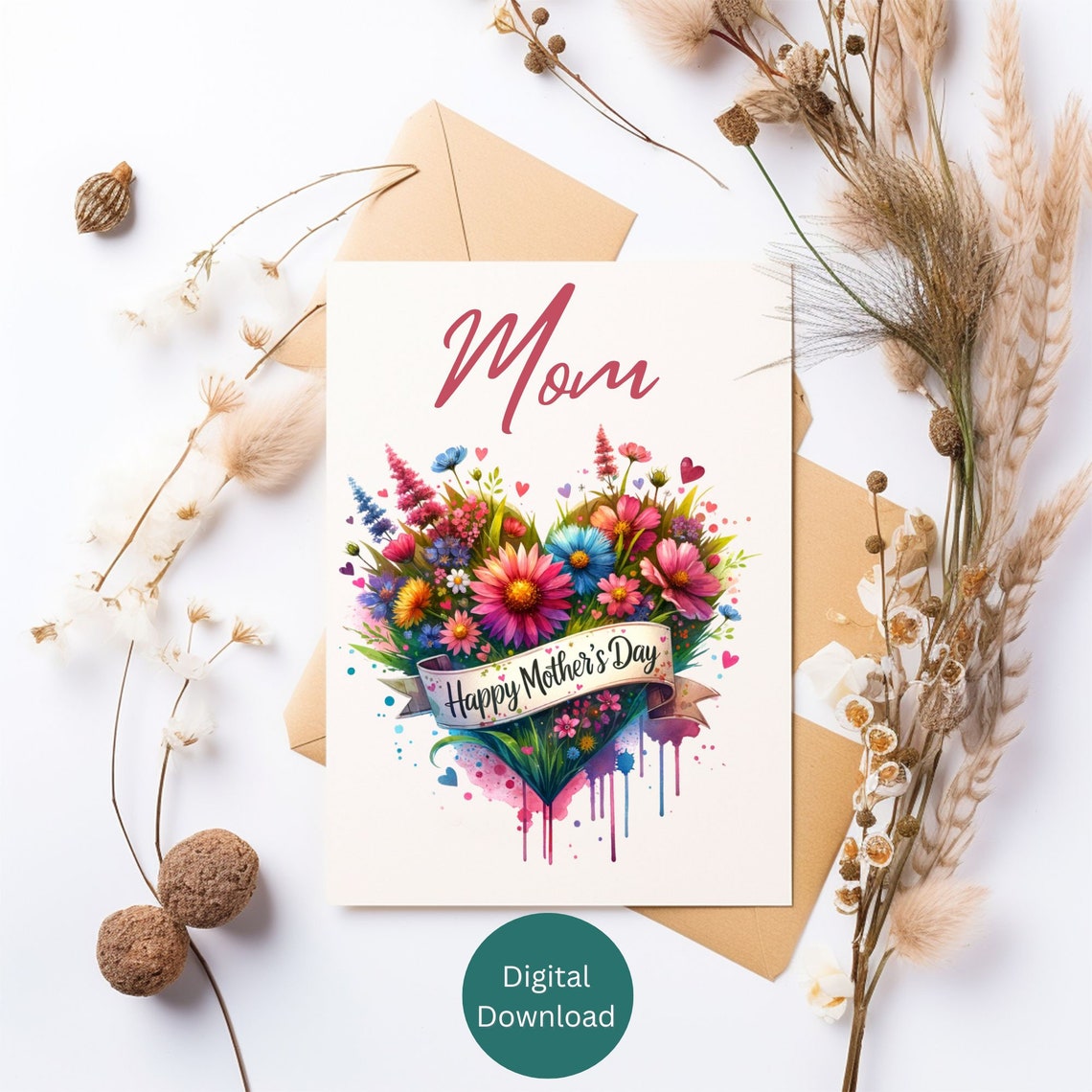 Watercolor Mother's Day Floral Heart Clipart, SINGLE IMAGE, Digital ...