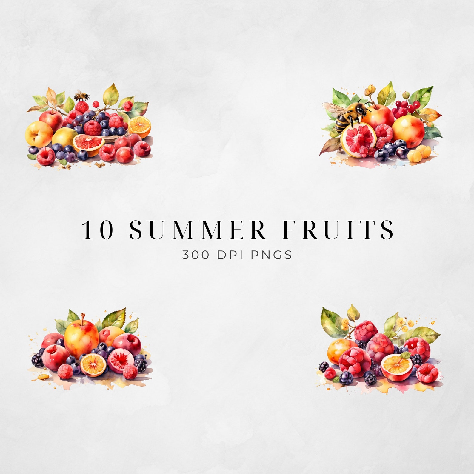 Summer Fruits Watercolor Clipart, Summer Fruits Some With Bees, Citrus ...