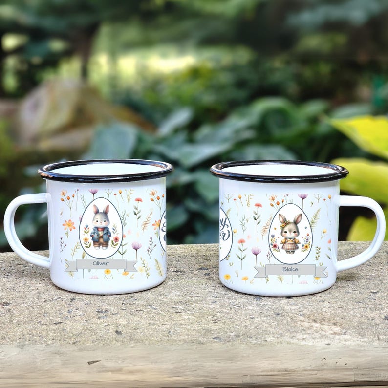Personalized Easter Enamel Mug, Custom Bunny Name Mug, Cute Happy ...