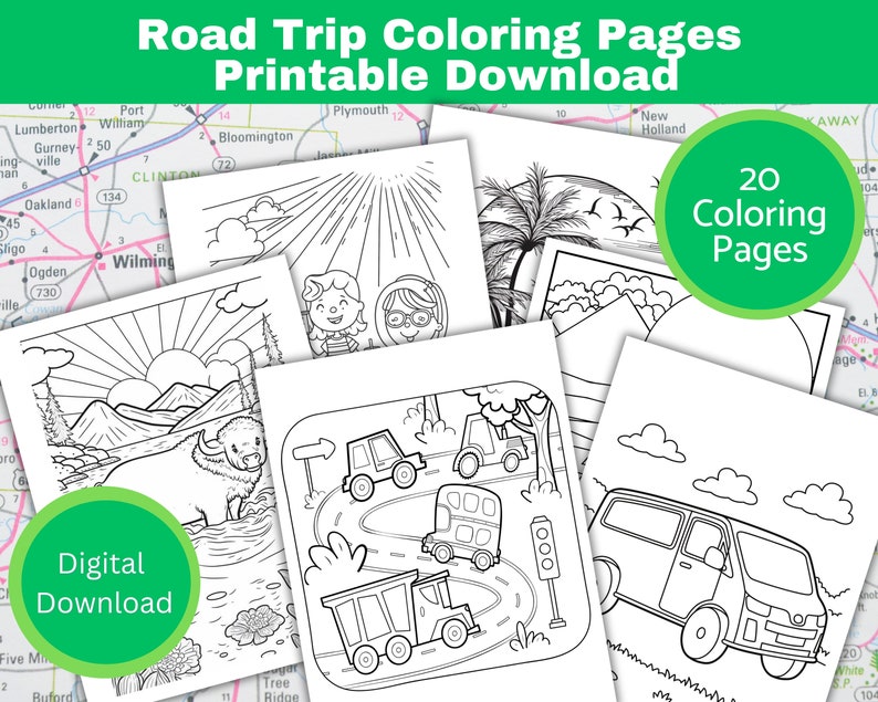 Kids Road Trip Coloring Pages Printable set of 20, Road Trip Activity ...