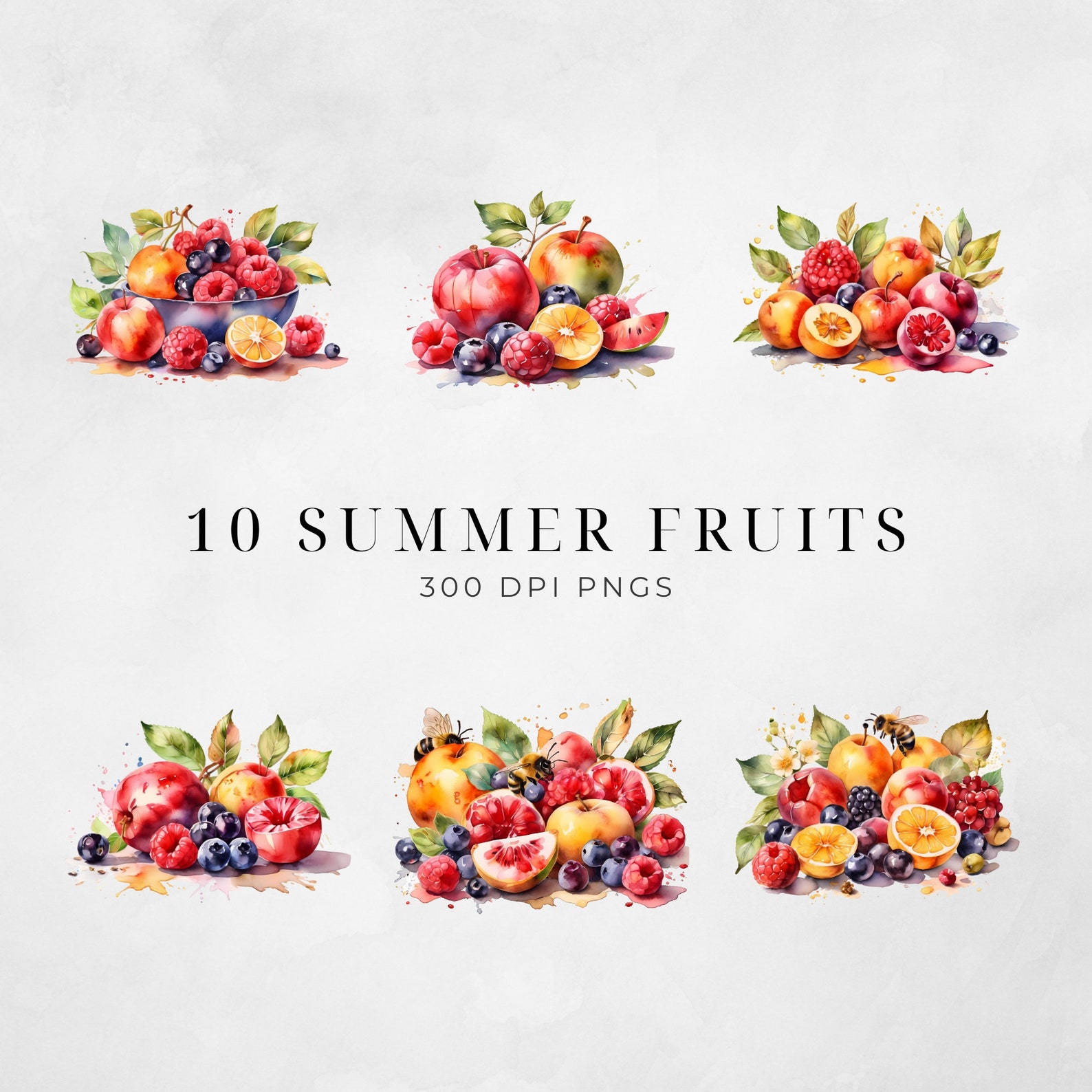 Summer Fruits Watercolor Clipart, Summer Fruits Some With Bees, Citrus ...