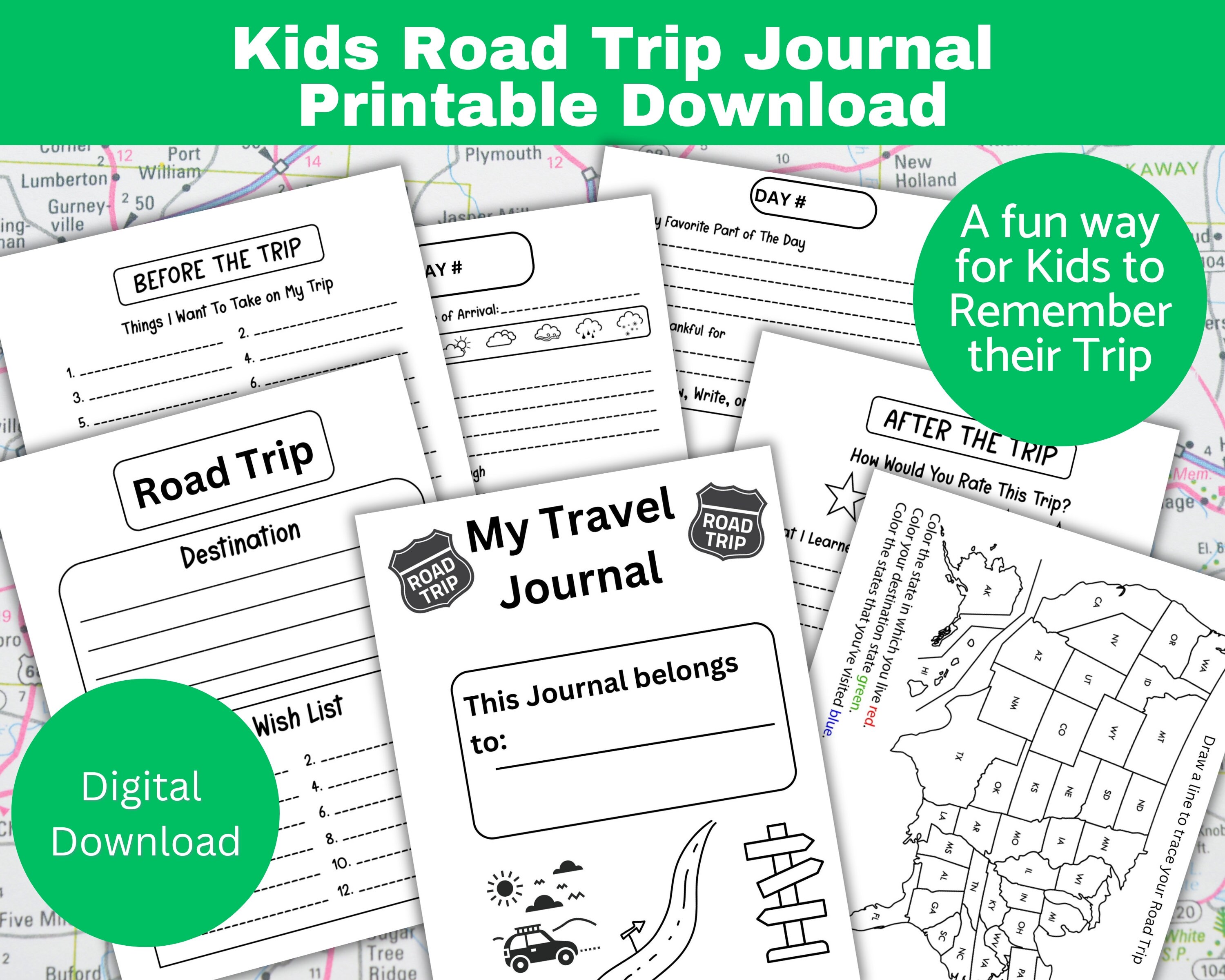 Kids Road Trip Travel Journal Printable, Road Trip Activity, Printable ...