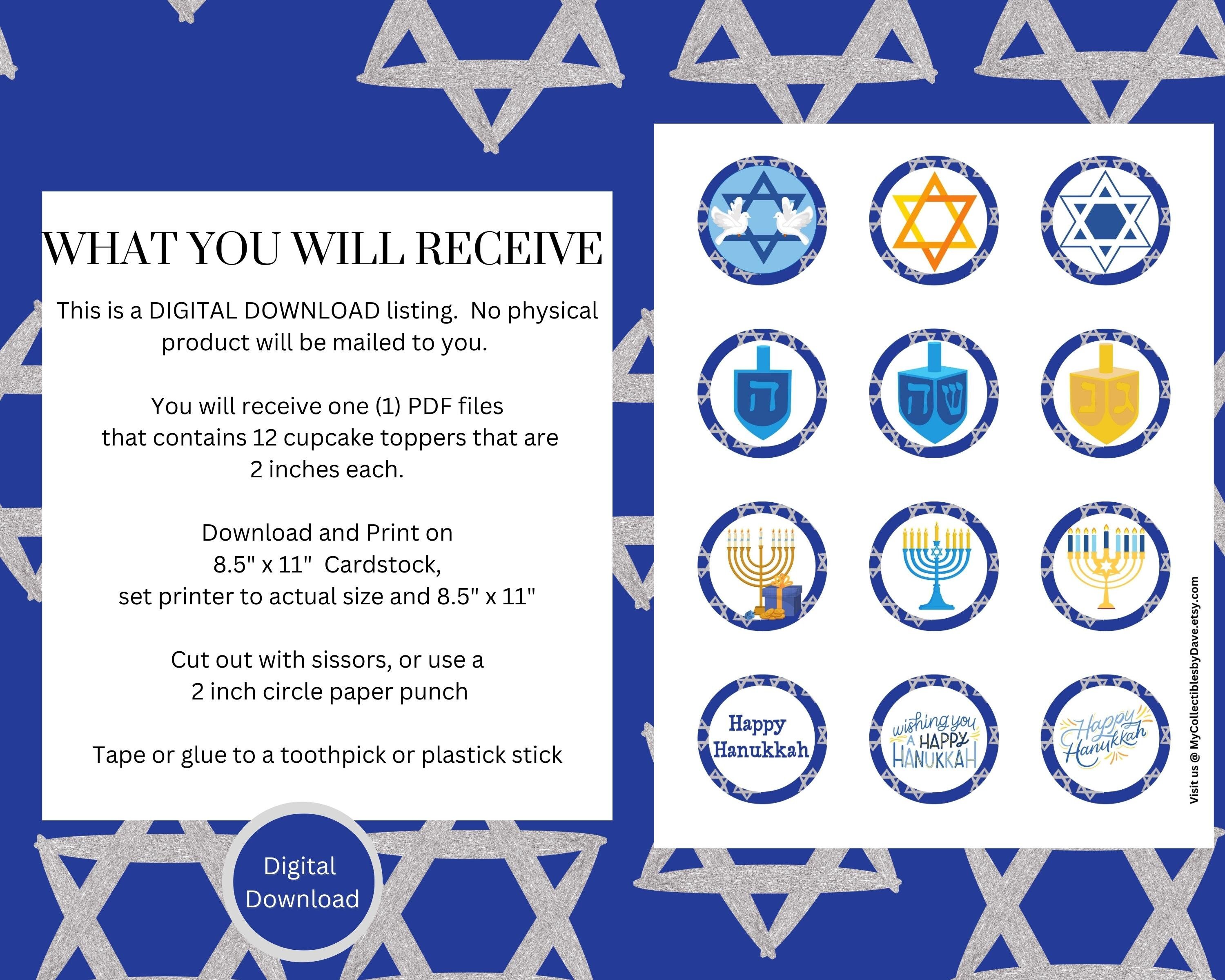 Hanukkah Cupcake Topper Printable Download, 12 Designs, 2 Inch Each ...